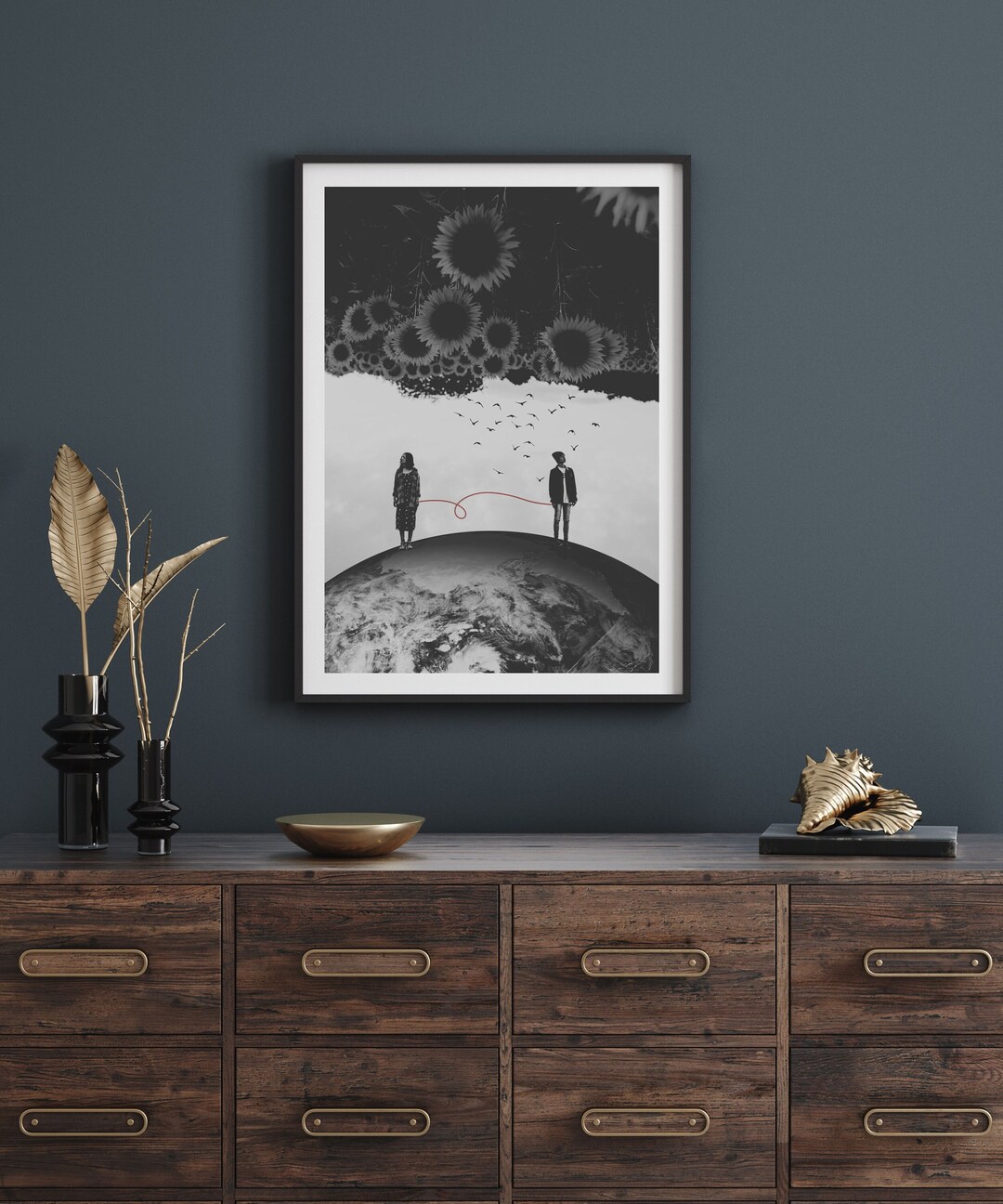 Black and White Soul Mates Quirky Wall Art, Bohemian Sunflowers Lovers ...