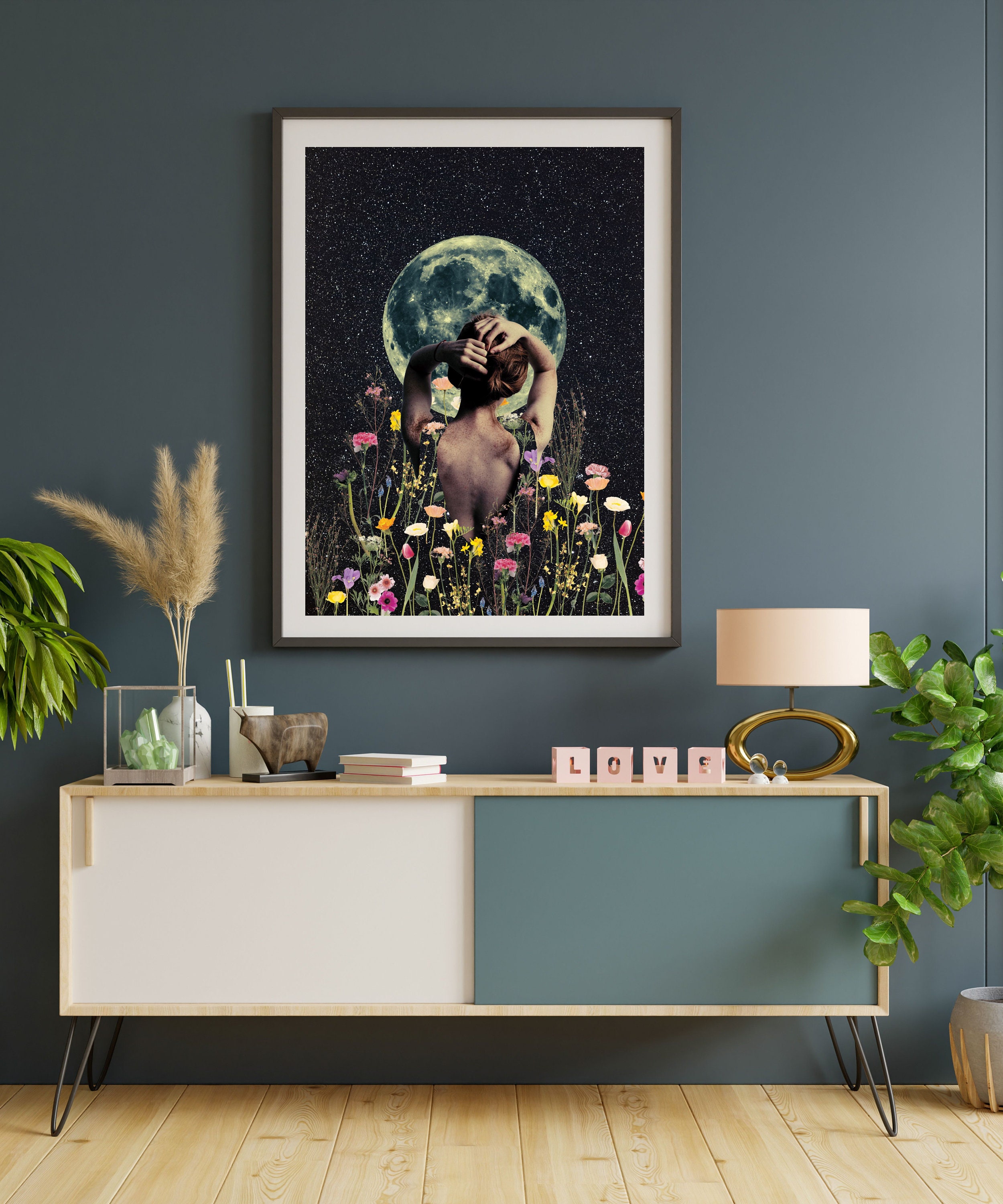 Modern Full Moon Wall Art, Beautiful Floral Digital Collage, Unique ...