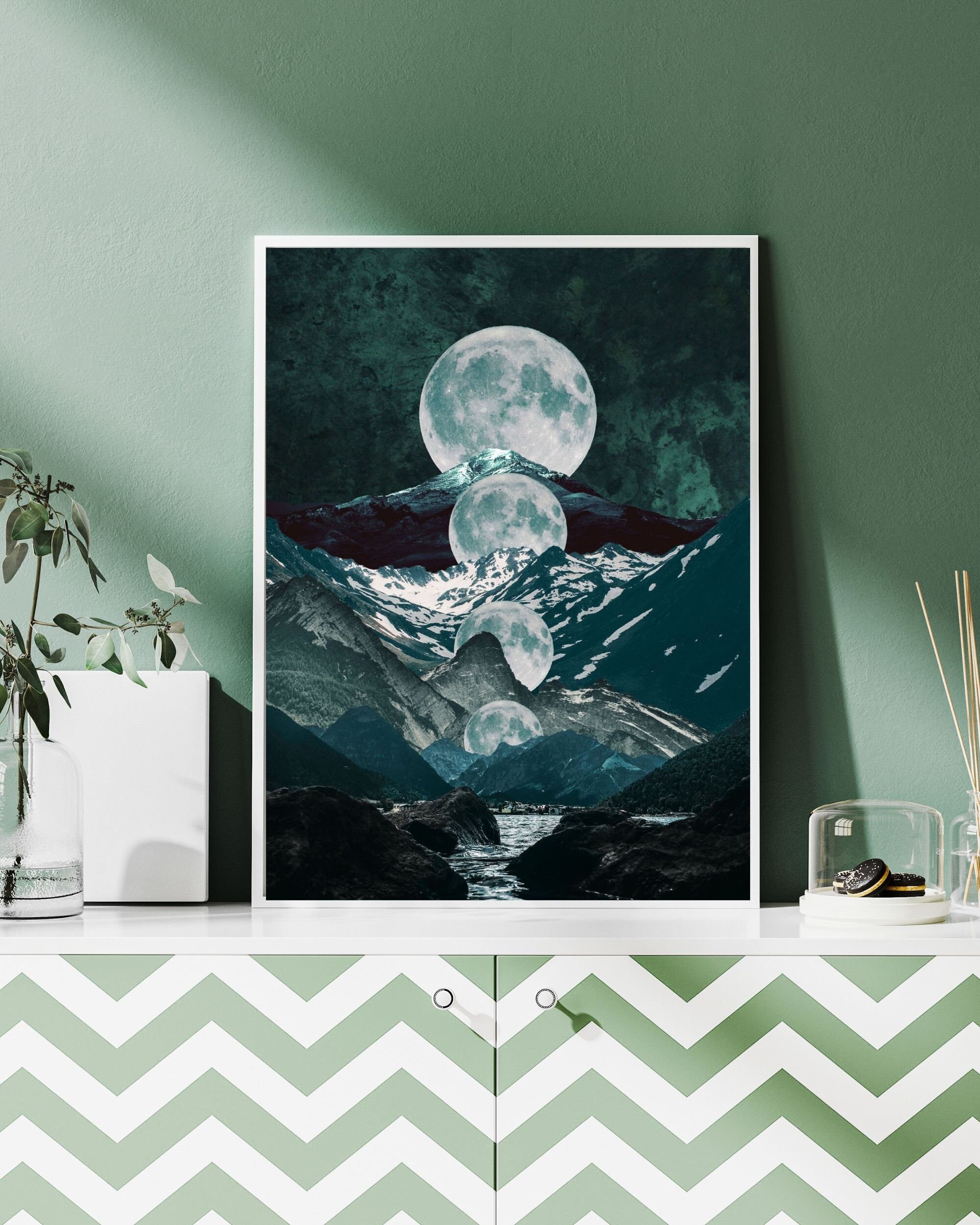 Emerald Green Full Moon Digital Download Wall Art Print, Mountains ...