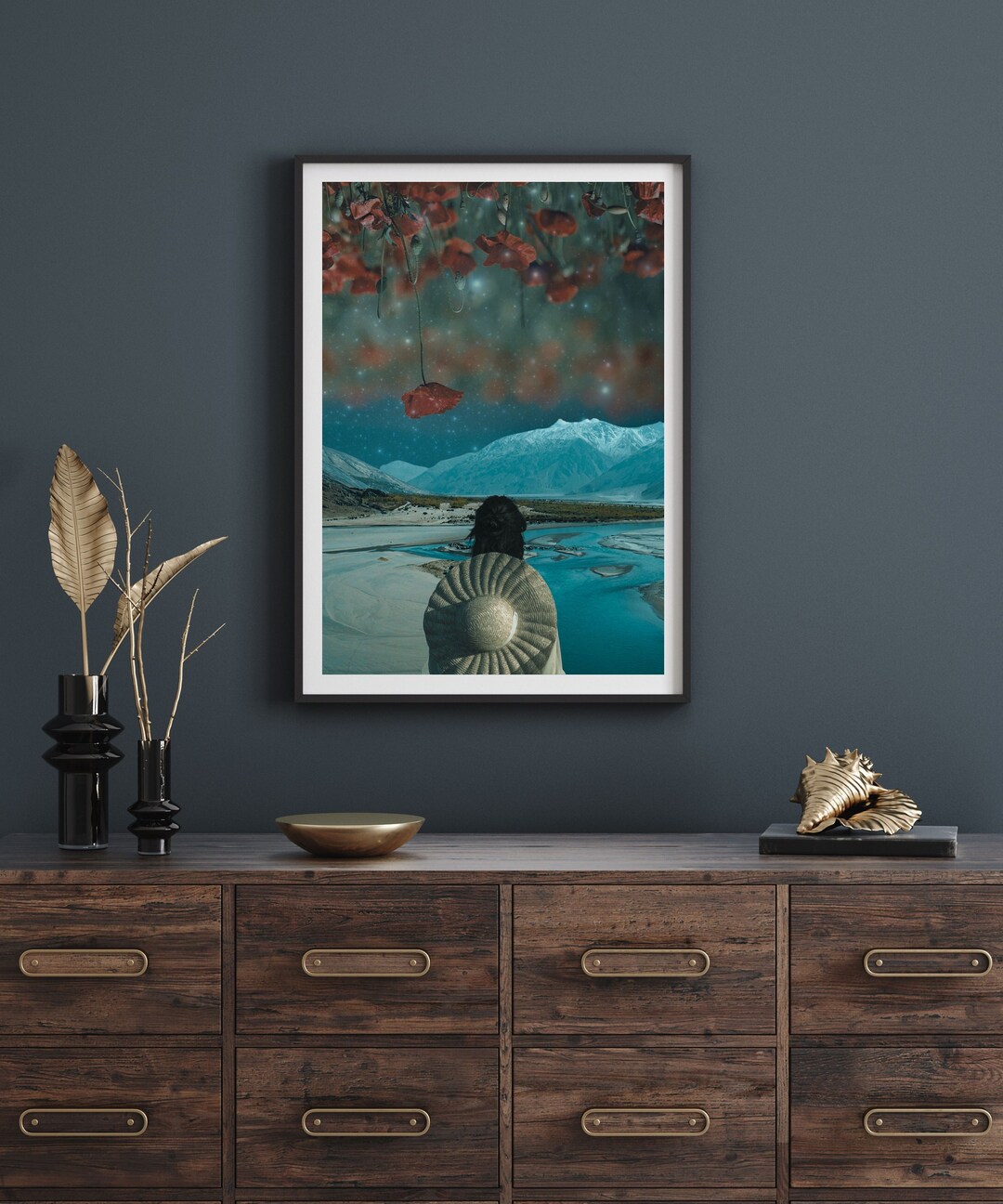 Dreamy Surreal Digital Collage Art Print, Boho Poppy Flowers Wall Art ...