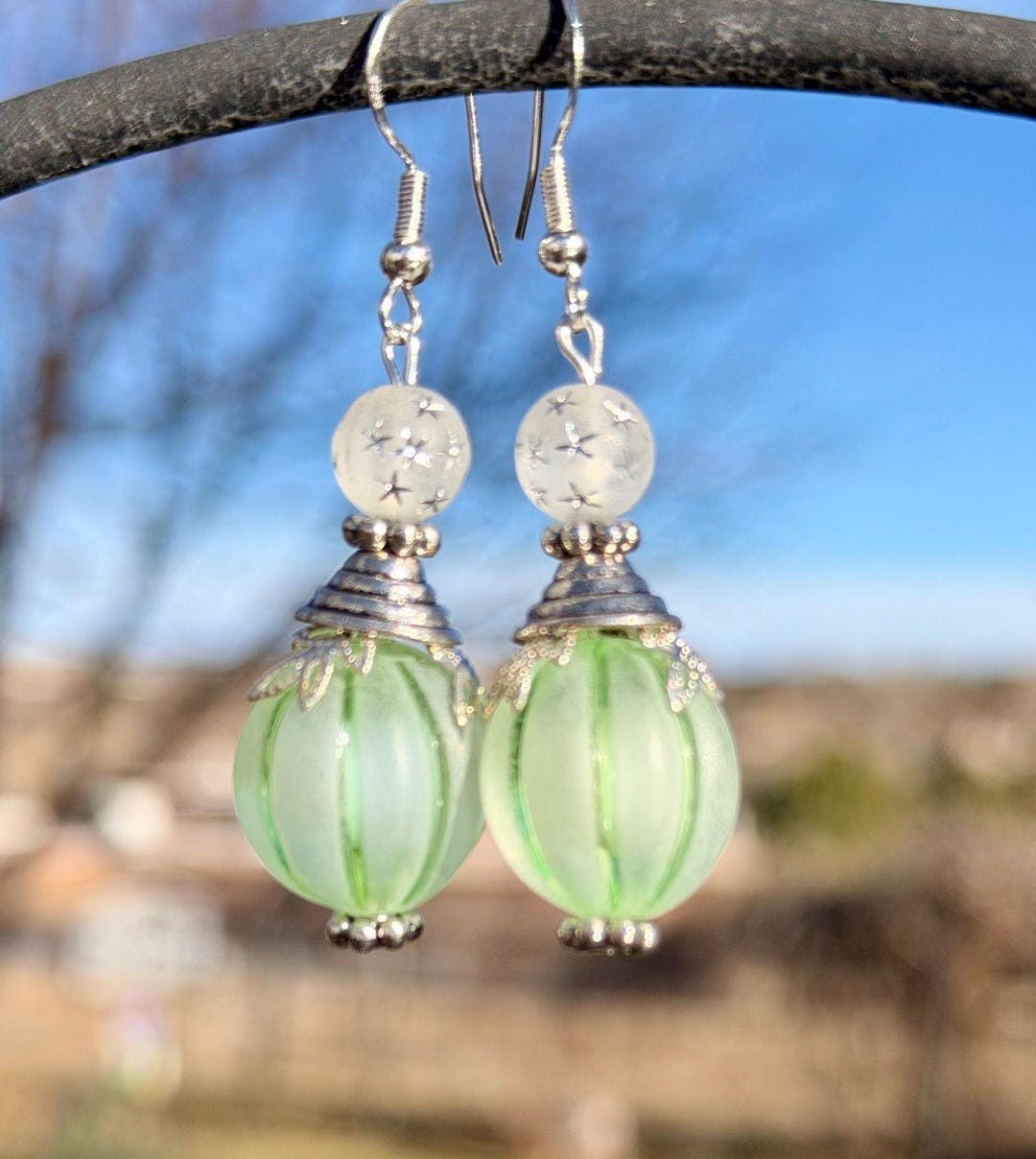 Fluted Corrugated Round Light Green Earrings With a White Bead With ...