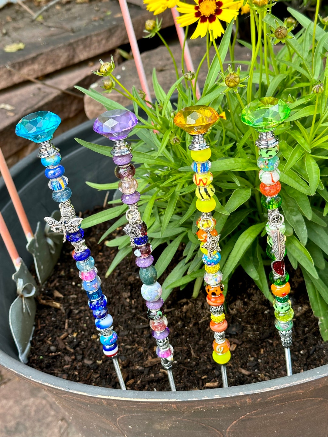 Fairy Garden Wand, Glass Beaded Garden Stake, Jeweled Garden Stake ...