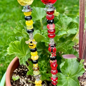 Ladybug or Honey Bee Garden Wand, Glass Beaded Garden Stake, Jeweled ...