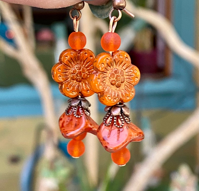 Terracotta Orange Silk Czech Glass Bell Flower With a Picasso - Etsy