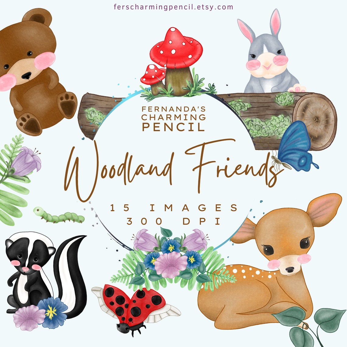 Skunk, Deer, Rabbit, Bear, Kids Woodland Animals Clipart, Little Forest ...