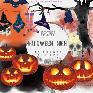 Spooky Halloween Watercolor PNG Clipart, Skull, Pumpkin, Jack O Lantern ...