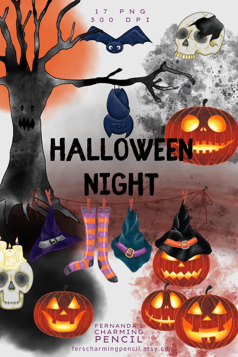 Spooky Halloween Watercolor PNG Clipart, Skull, Pumpkin, Jack O Lantern ...