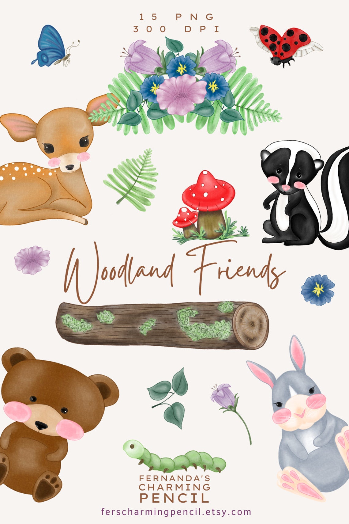 Skunk, Deer, Rabbit, Bear, Kids Woodland Animals Clipart, Little Forest ...