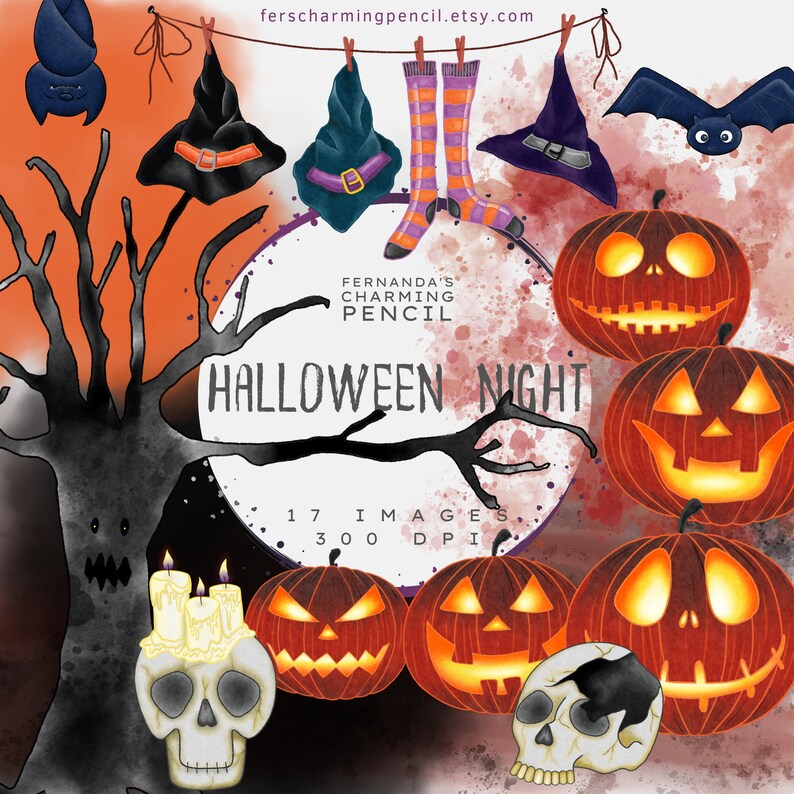 Spooky Halloween Watercolor PNG Clipart, Skull, Pumpkin, Jack O Lantern ...