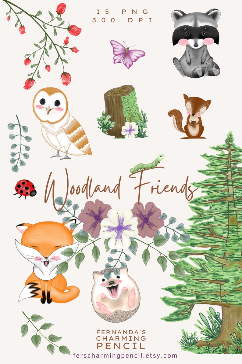 Fox, Racoon, Owl, Squirrel, Hedgehog, Kids Woodland Animals Clipart ...