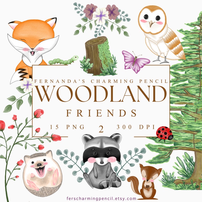 Fox, Racoon, Owl, Squirrel, Hedgehog, Kids Woodland Animals Clipart ...