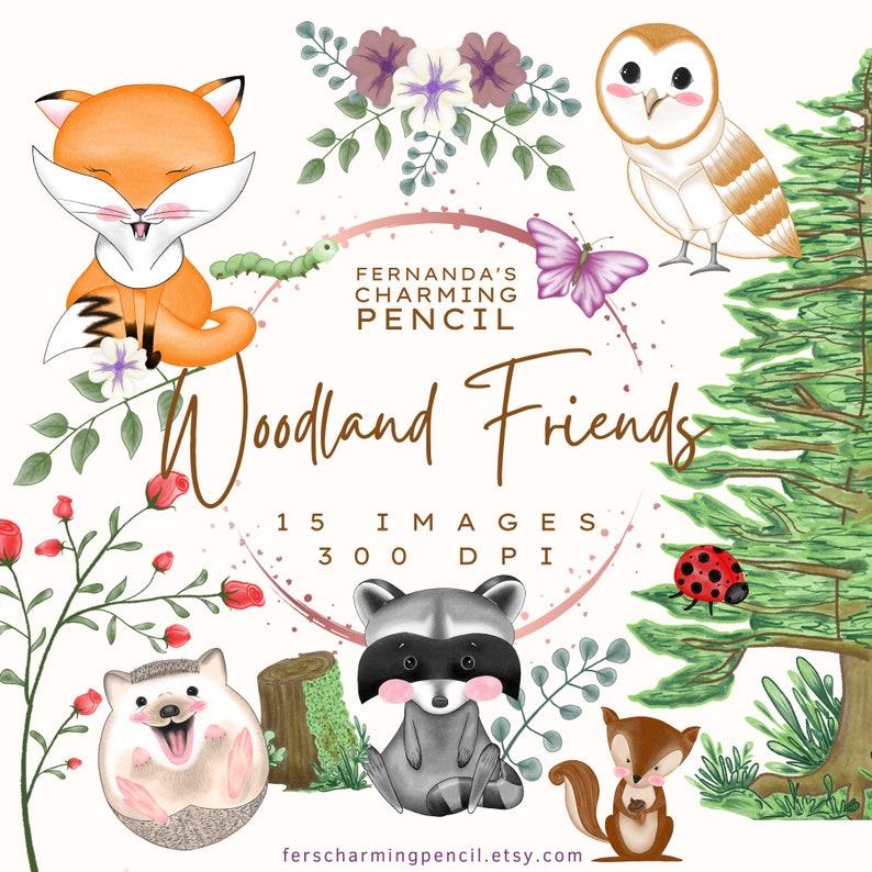 Fox, Racoon, Owl, Squirrel, Hedgehog, Kids Woodland Animals Clipart ...
