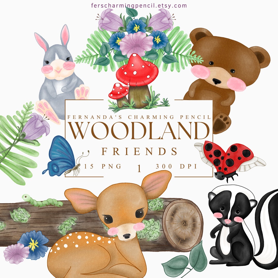 Skunk, Deer, Rabbit, Bear, Kids Woodland Animals Clipart, Little Forest ...