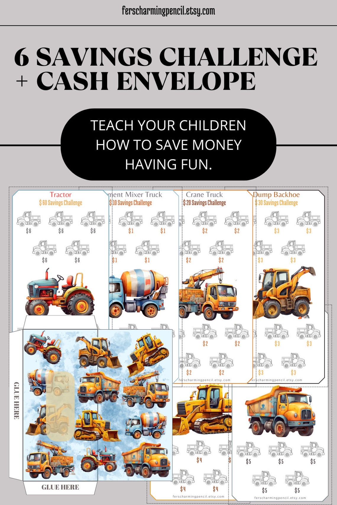 Kids Savings Challenge & Cash Envelope, A6 Size Saving Tracker, Printable PDF, Set of 6 Kid ...