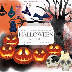 Spooky Halloween Watercolor PNG Clipart, Skull, Pumpkin, Jack O Lantern ...
