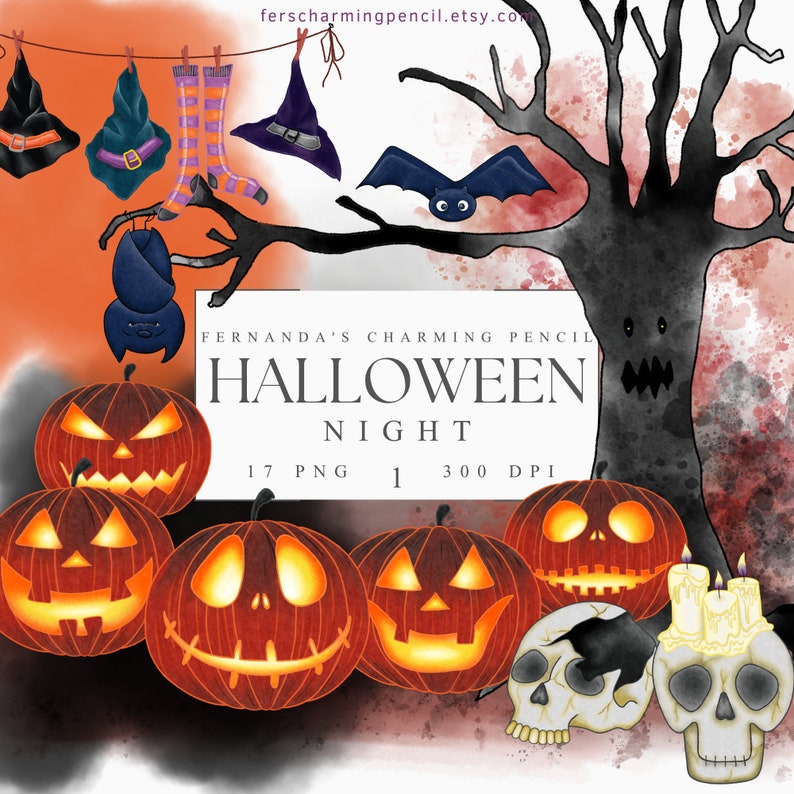 Spooky Halloween Watercolor PNG Clipart, Skull, Pumpkin, Jack O Lantern ...