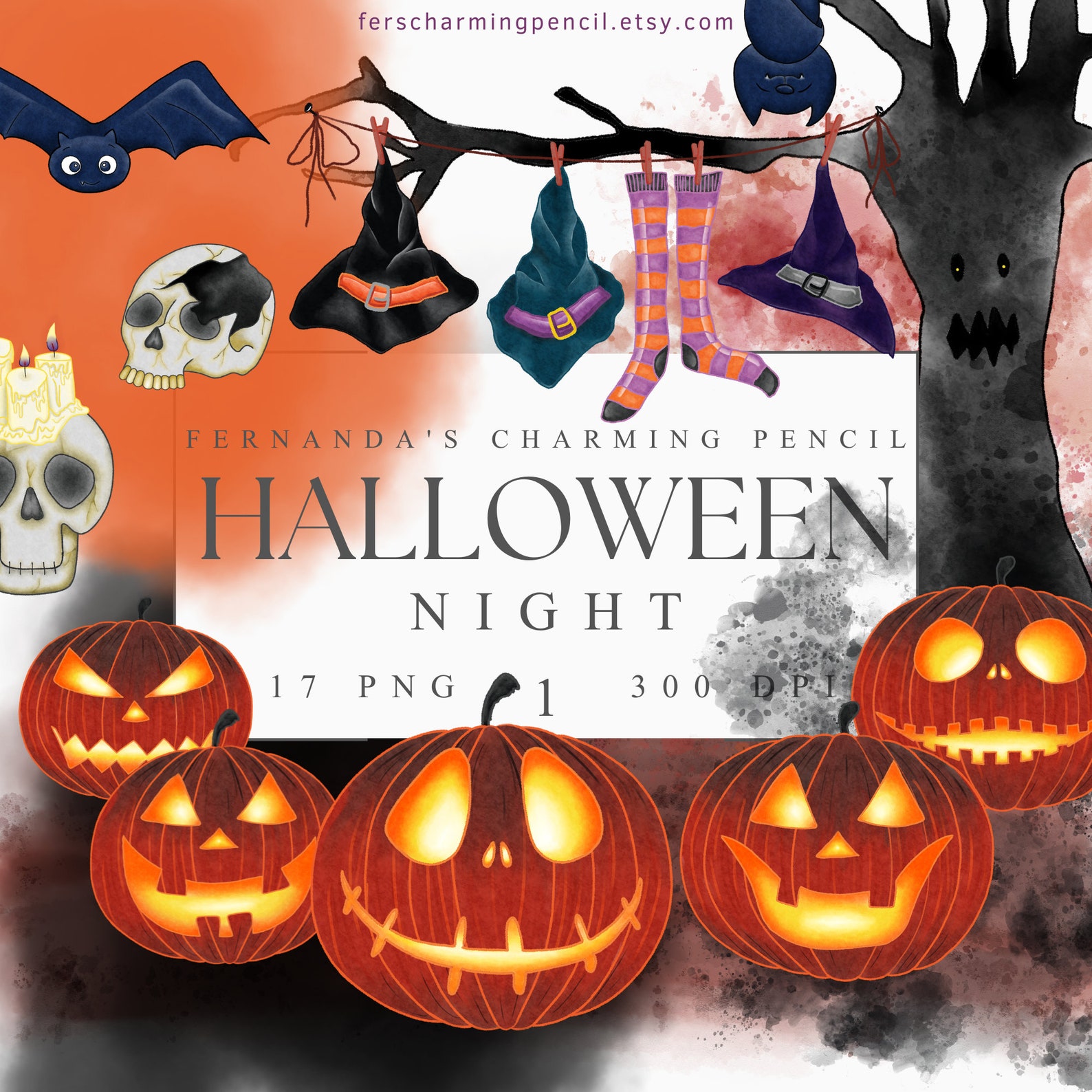 Spooky Halloween Watercolor PNG Clipart, Skull, Pumpkin, Jack O Lantern ...