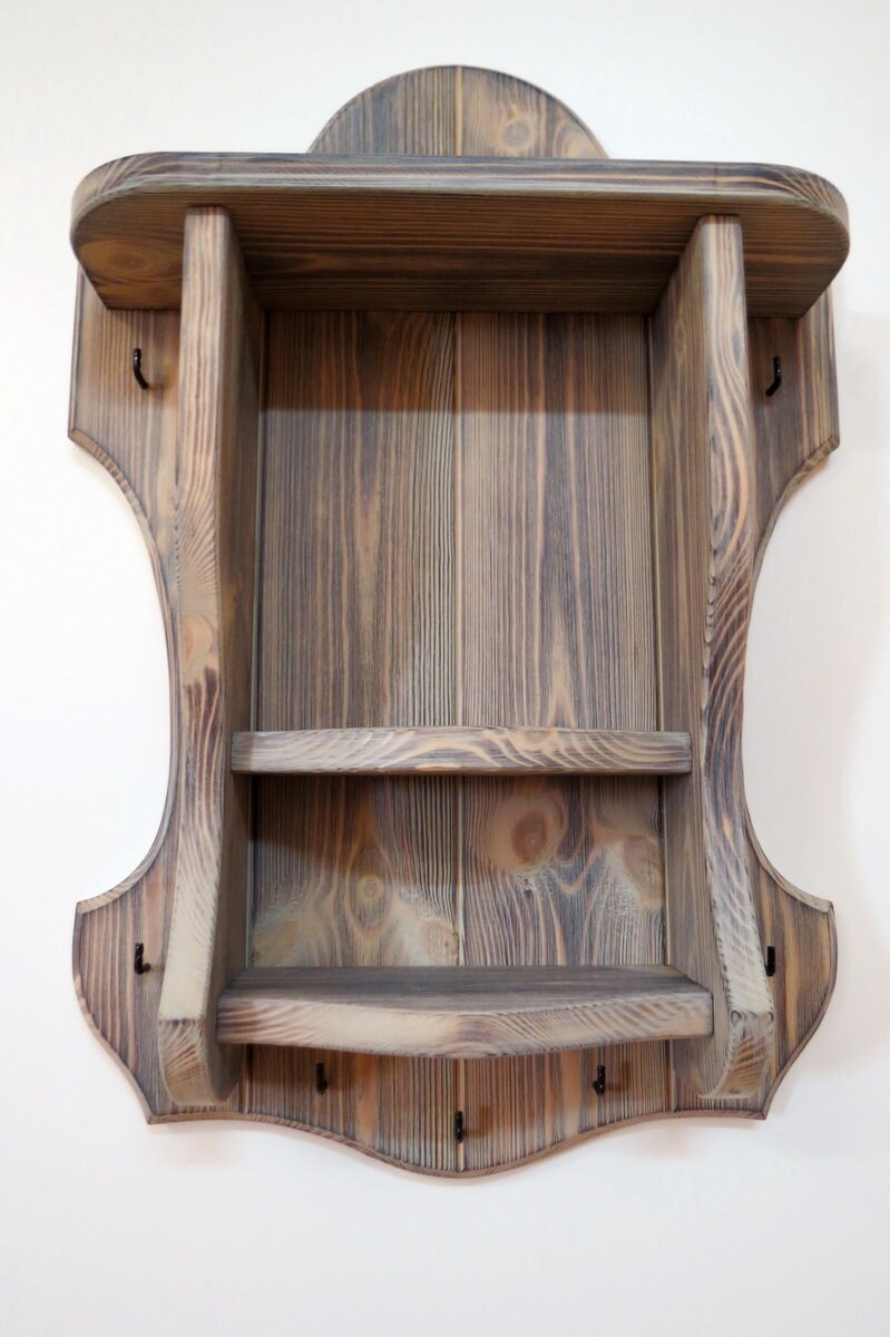 Wood Key Holder Small Rustic Shelf Wall Wood Shelf Shelf With Hooks ...
