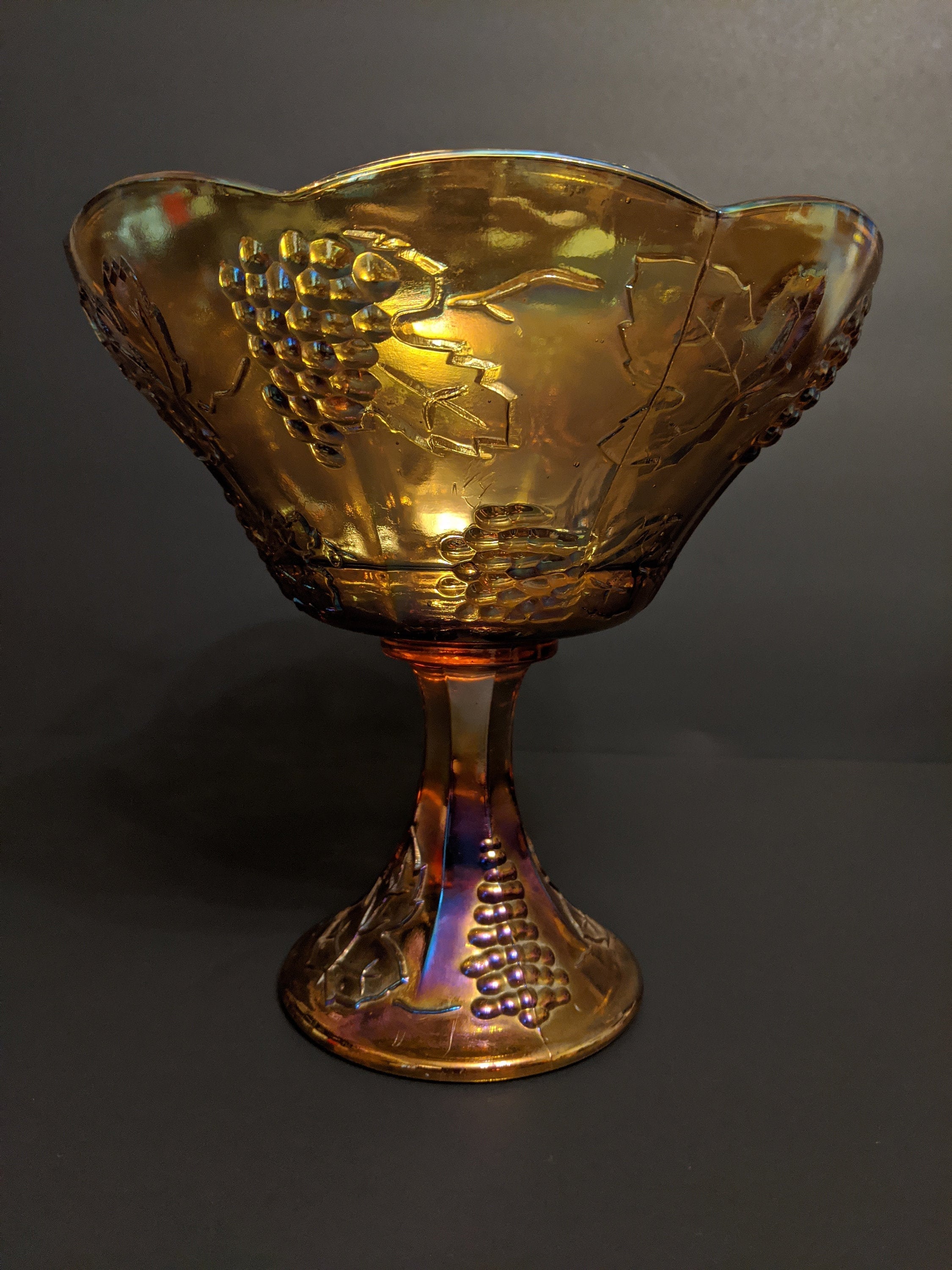 Marigold Golden Grape Patterned Carnival Glass Pedestal Bowl - Etsy