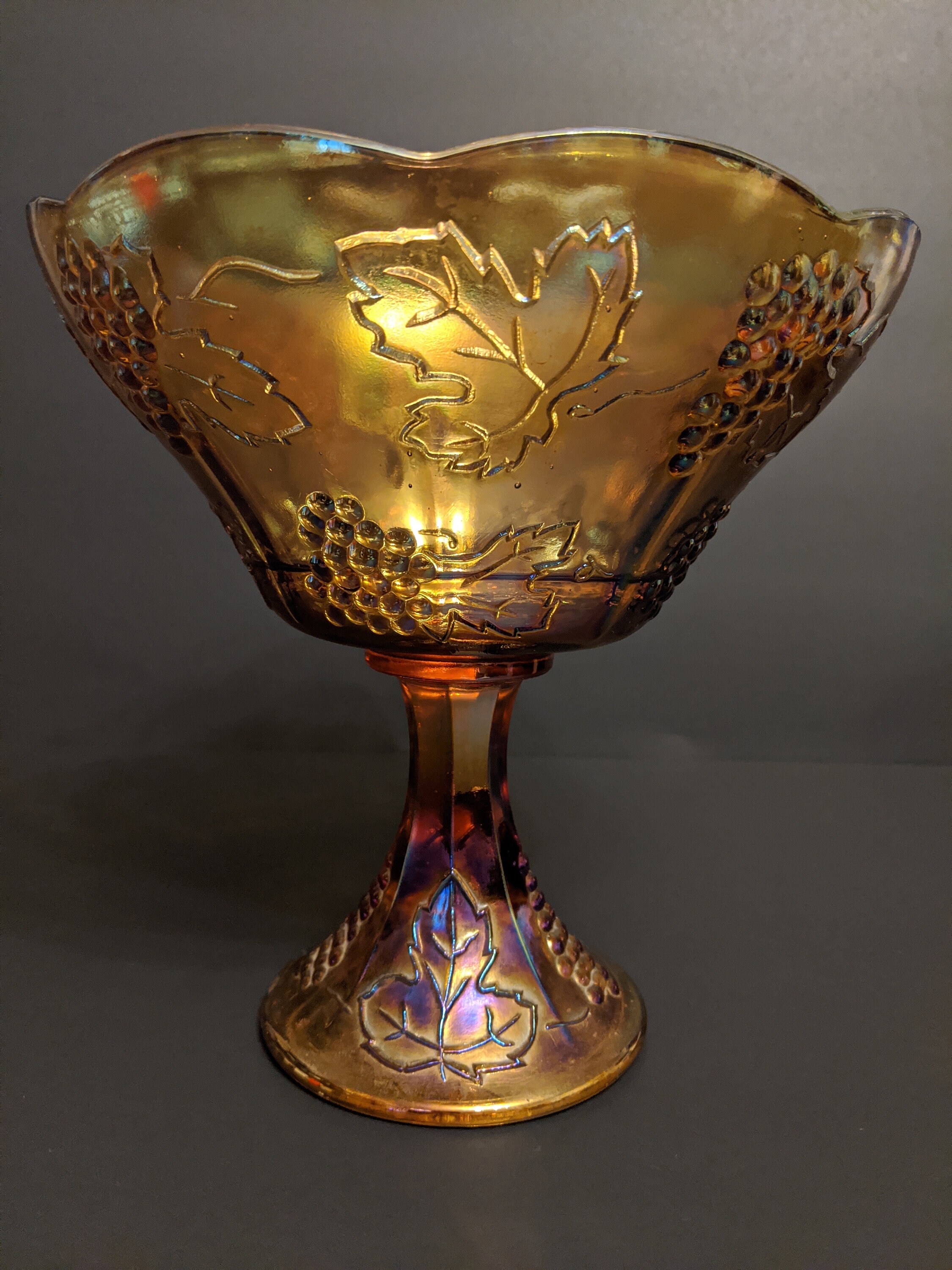 Marigold Golden Grape Patterned Carnival Glass Pedestal Bowl - Etsy