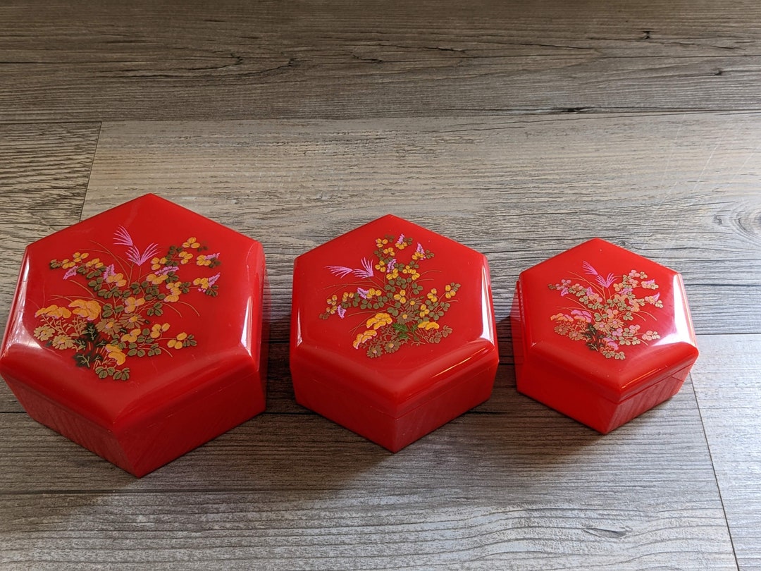 Vintage Nesting Red Floral Hexagonal Trinket Boxes - Etsy