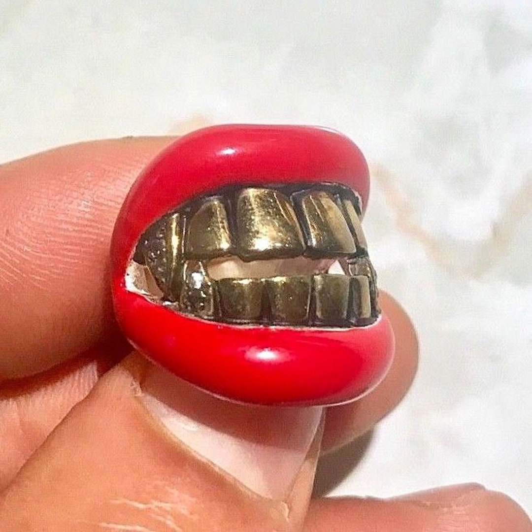 Designer Red Lips Gold Grill Cz Vampire Fang Teeth Bling Ring Hip Hop ...