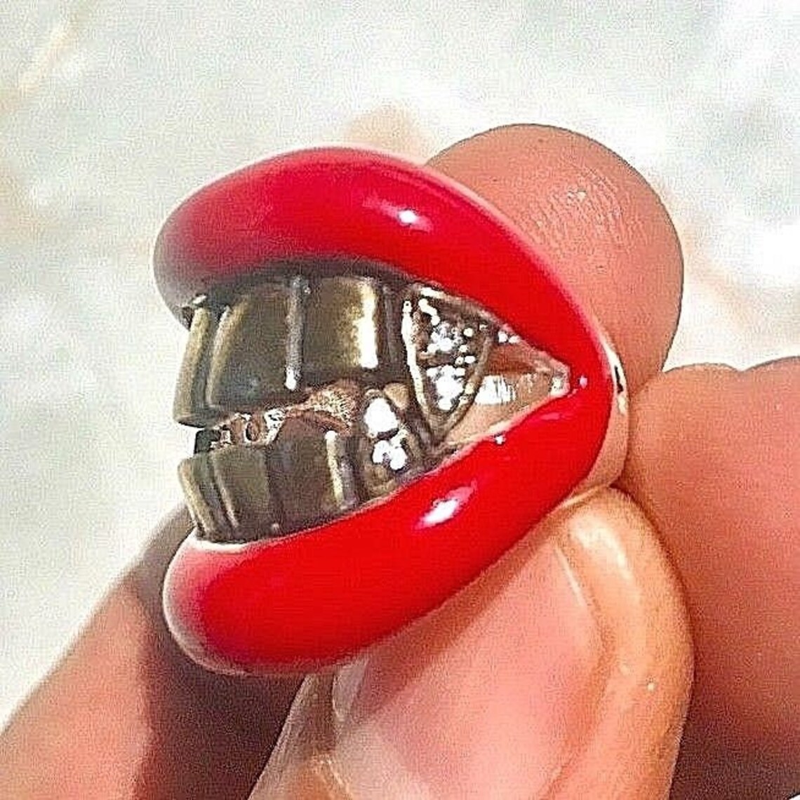 Designer Red Lips Gold Grill Cz Vampire Fang Teeth Bling Ring | Etsy
