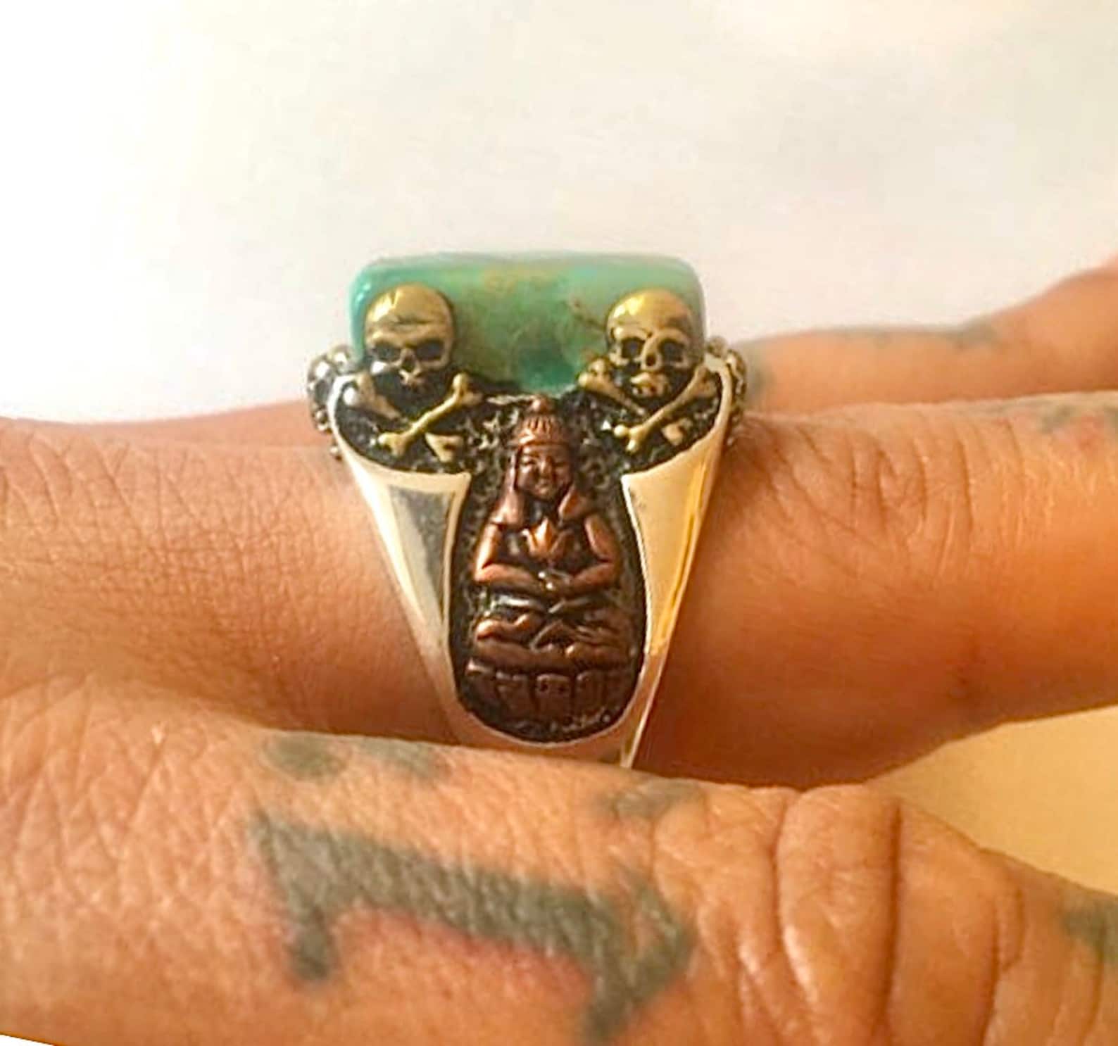 SALE 1900s 20s 30s 40s 50s Skull Buddha Biker Turquoise Stone Ring ...