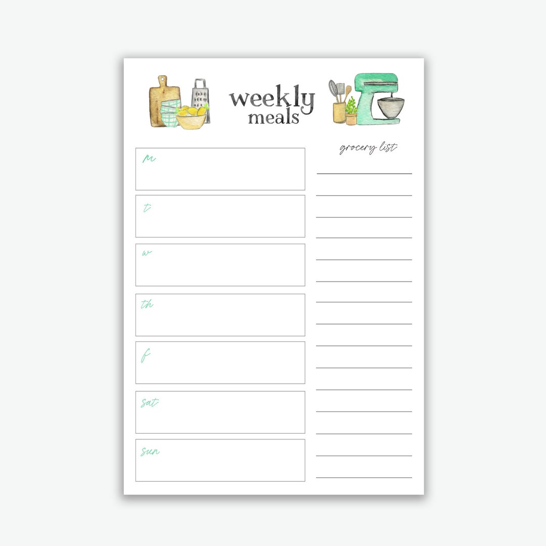 Weekly Meal Plan, Meals Planner Notepad, Grocery List Notepad, Cute ...