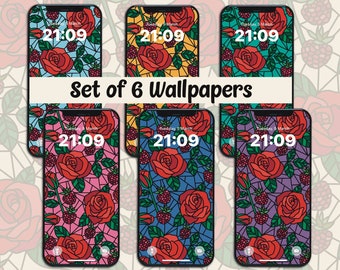 Stained Glass Roses iPhone Wallpaper: Pink Floral Lock Screen (digital ...