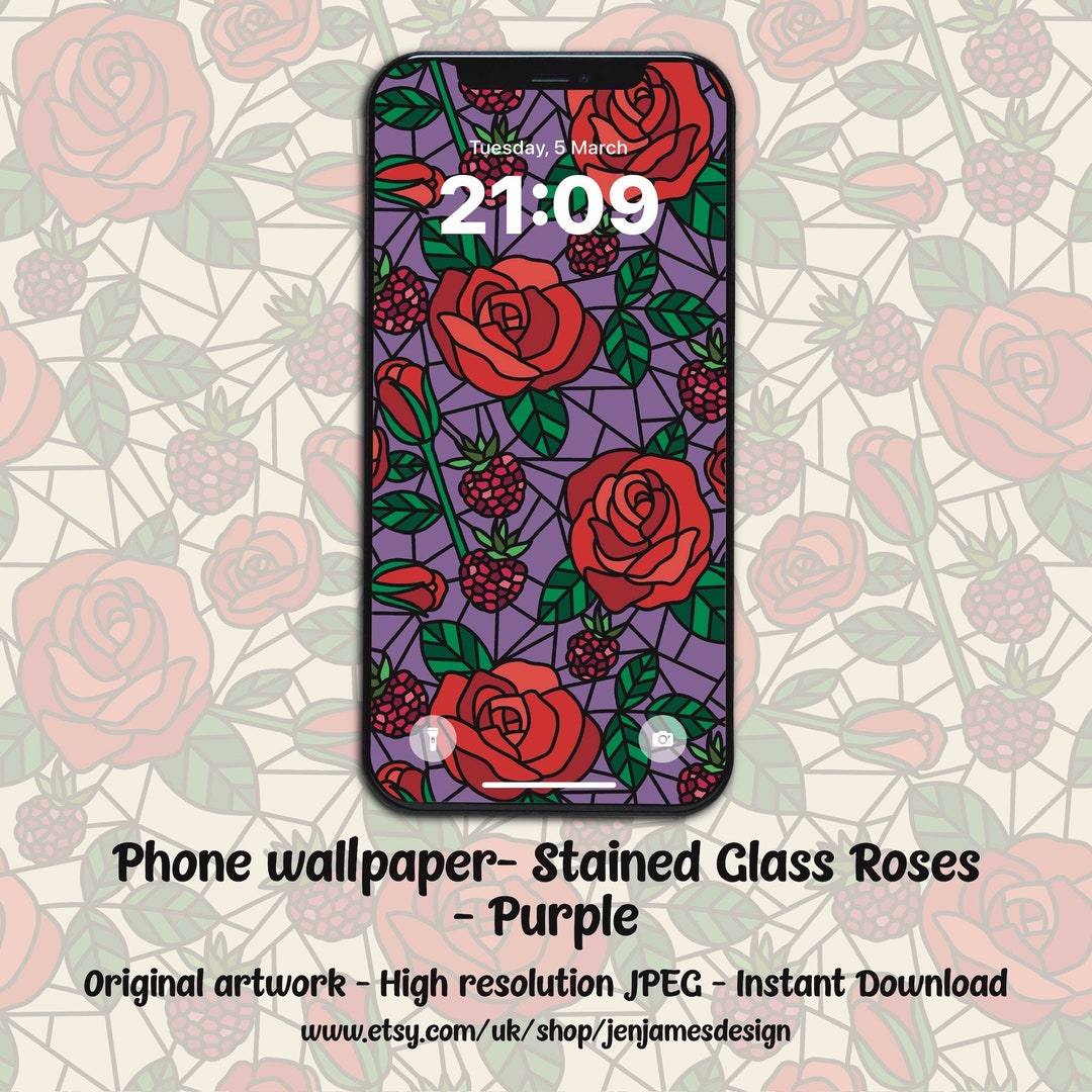 Stained Glass Roses iPhone Wallpaper - Purple Floral Lock Screen ...