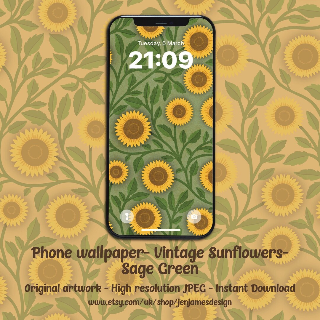 Vintage Sunflower iPhone Wallpaper: Sage Green Floral (instant Download ...