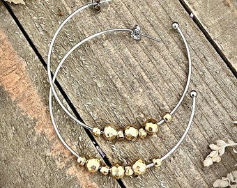 Mixed Metal Fringe Hoop Earrings Silver Gold Large Hoops - Etsy