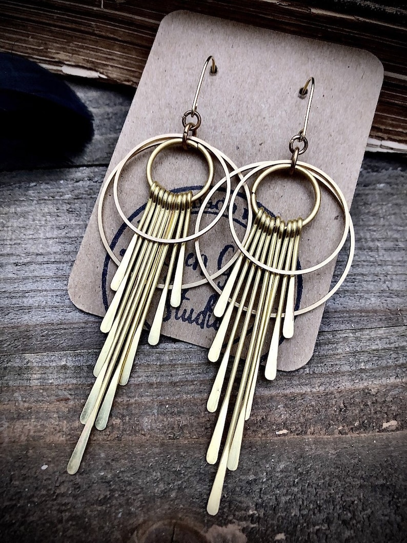 Gold Brass Fringe Hoop Earrings • Statement Earrings - Etsy