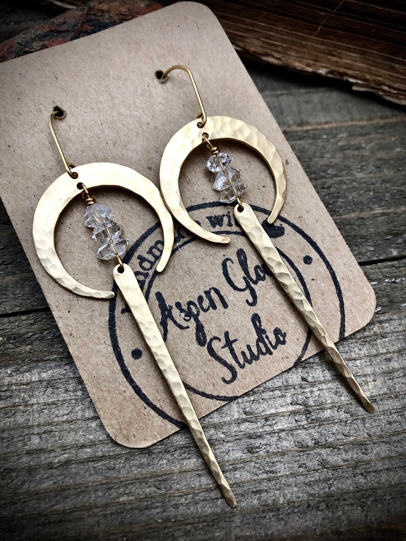 Herkimer Diamond Crescent Earrings Gemstone Spike Dangles - Etsy