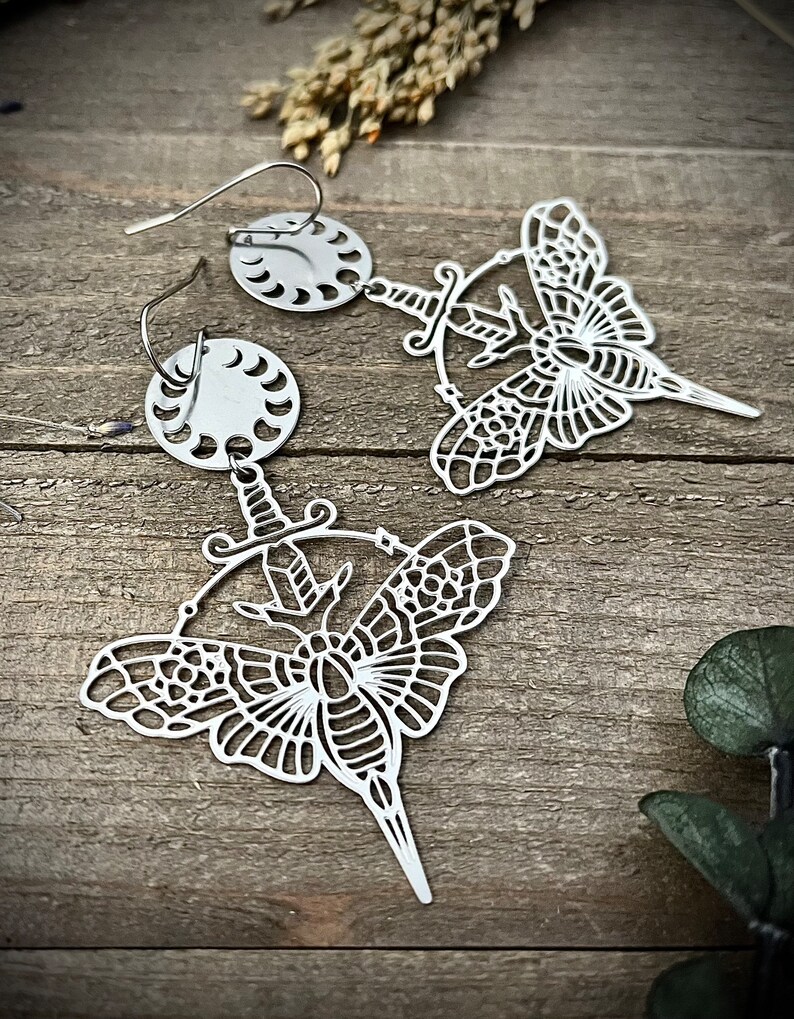 Silver Moon Phase Sword Moth Statement Earrings Lightweight - Etsy