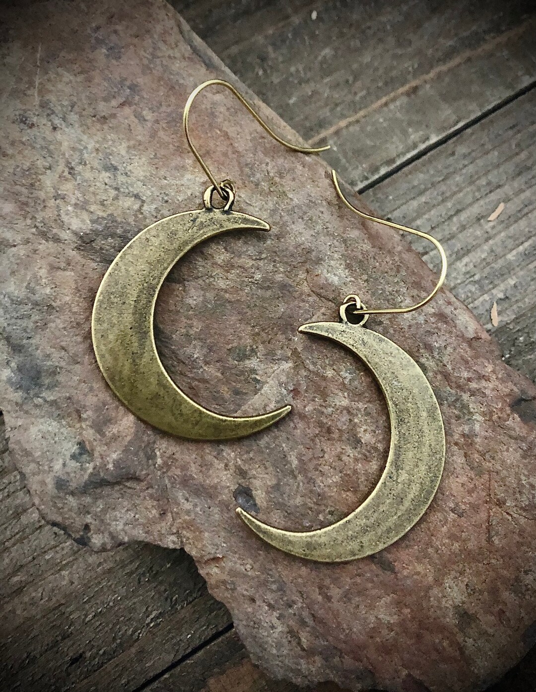Gold Crescent Moon Earrings Bronze Celestial Dangles Etsy