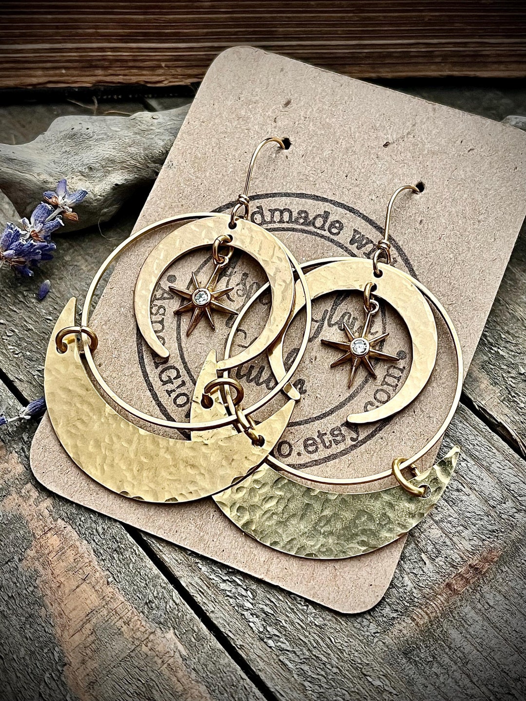 Gold Brass Moon & Stars Earrings: Hammered Crescent Design - Etsy