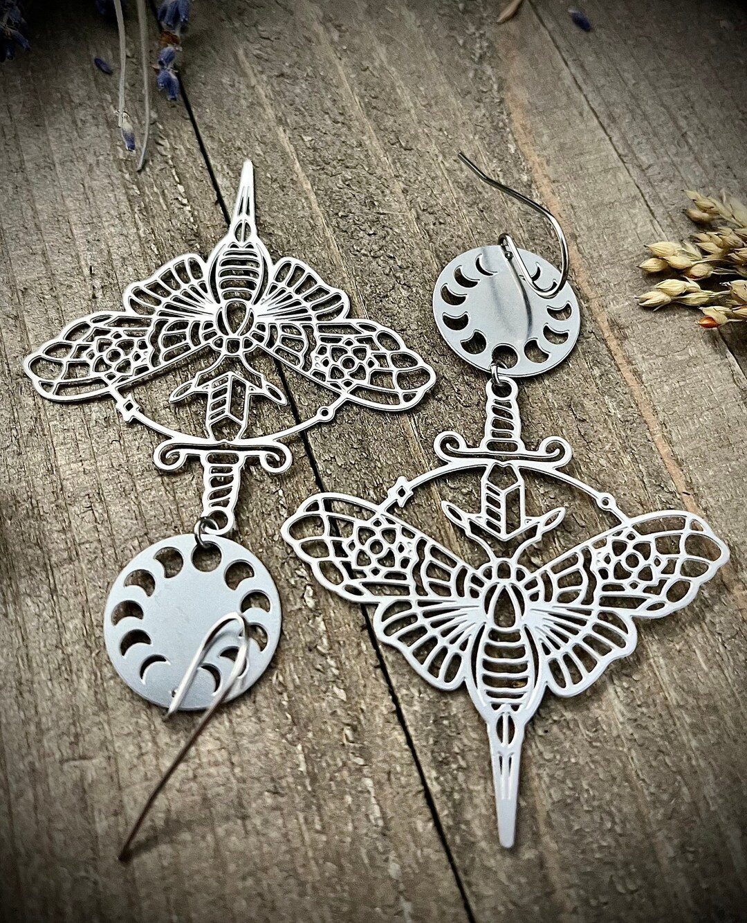 Silver Moon Phase Sword Moth Statement Earrings Lightweight - Etsy