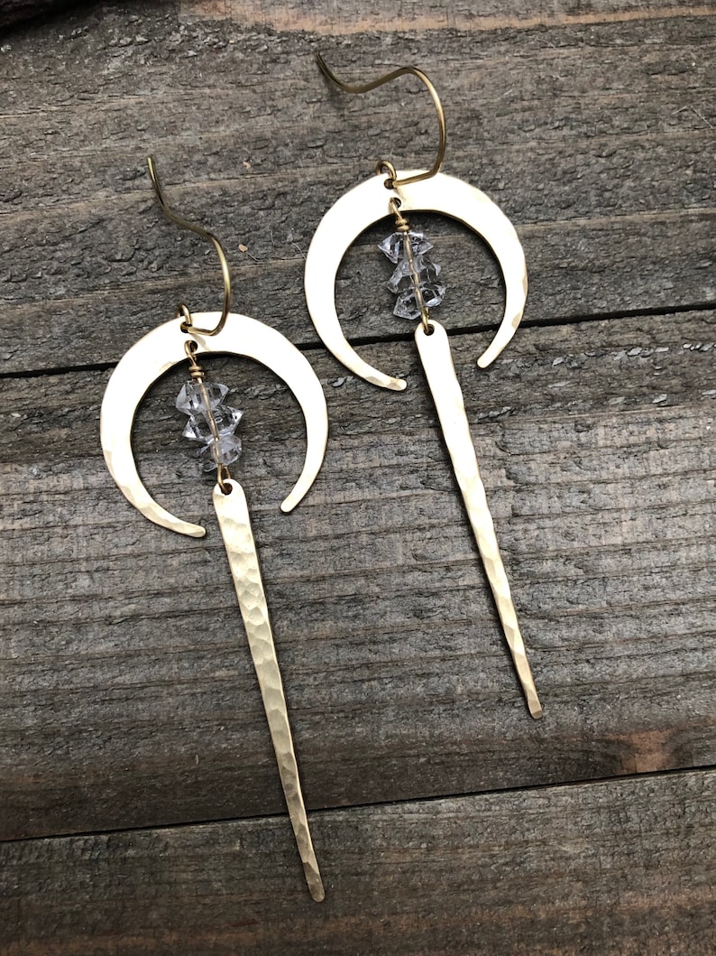 Herkimer Diamond Crescent Earrings Gemstone Spike Dangles - Etsy
