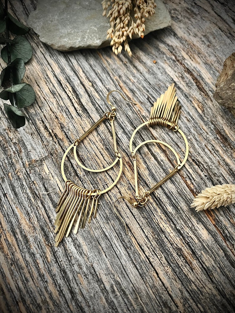 Gold Brass Fringe Crescent Statement Earrings - Etsy