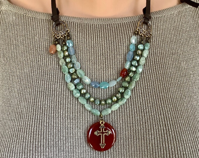 Blue Skies- Sundance Style Gems and Leather Multi Strand Necklace ...