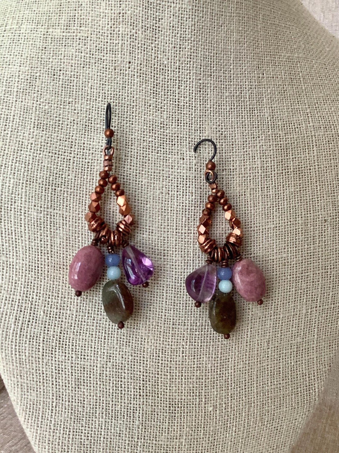 Handcrafted Copper Hoop Earrings: Rhodonite, Amethyst, Jasper Dangles ...