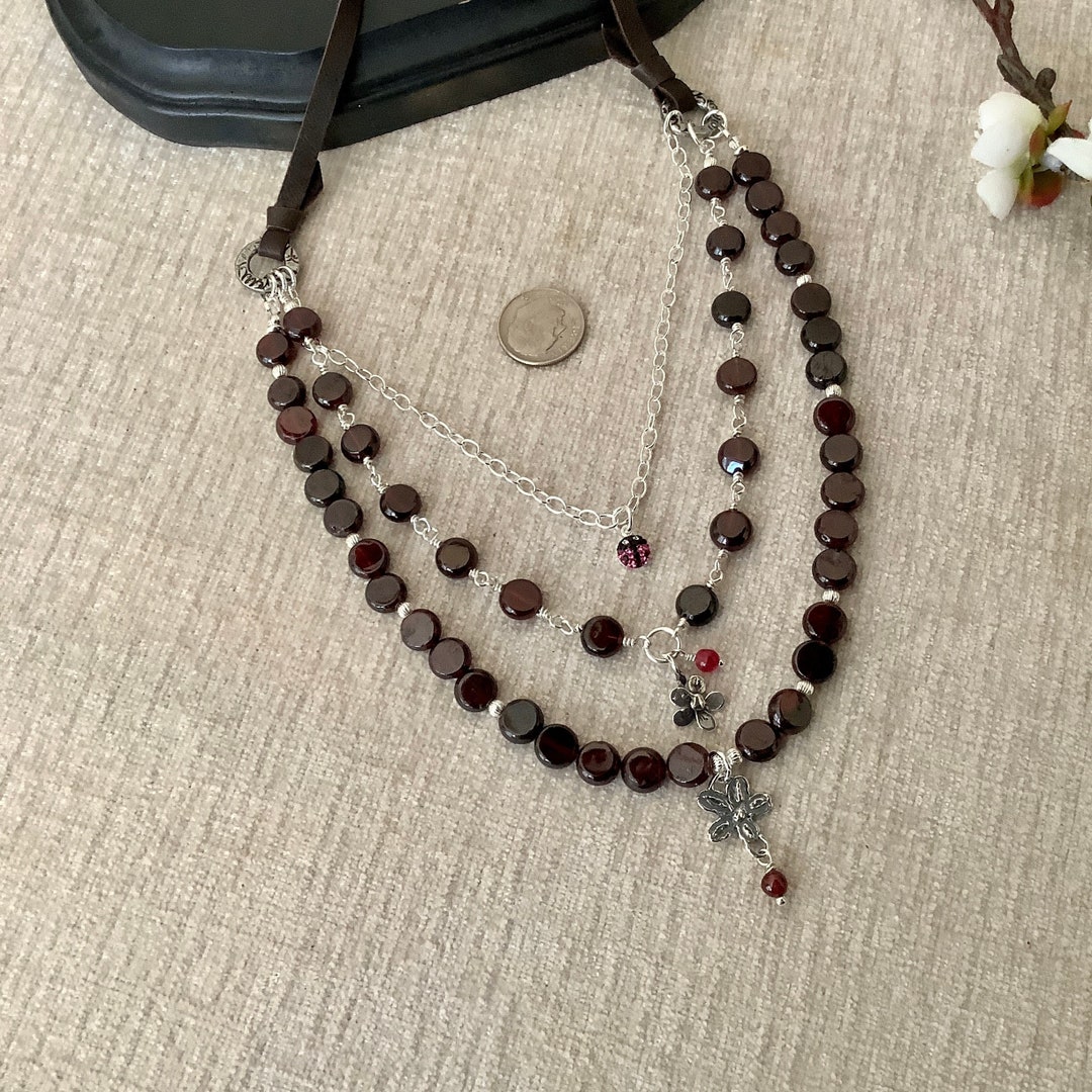 Ladybug Sundance Style Layered Garnet Necklace With Sterling Silver ...