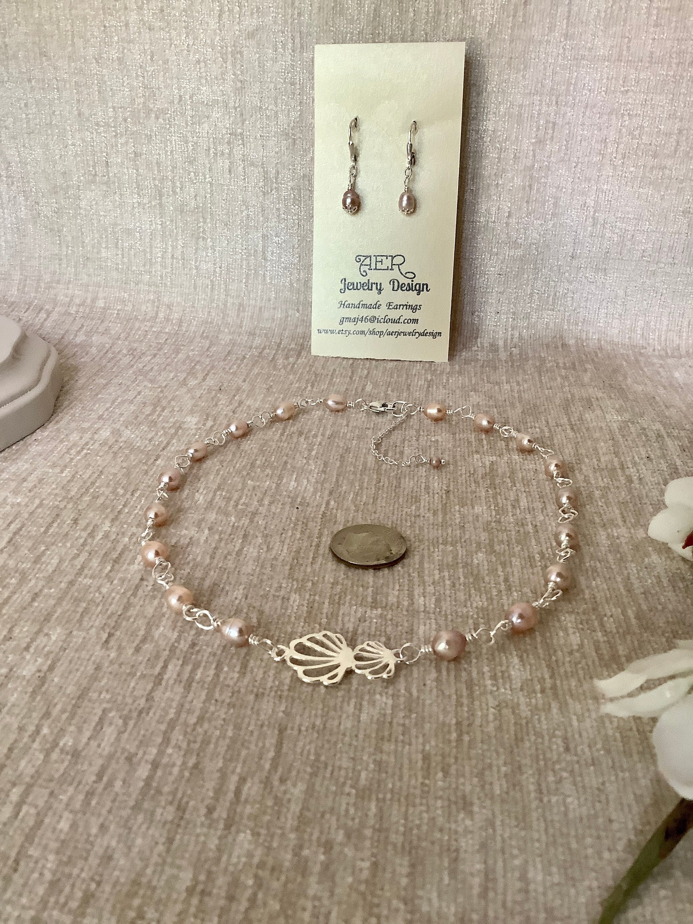 Pink Pearls and Sterling Silver Shells Necklace and Earrings | Etsy