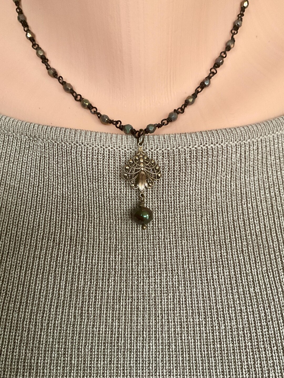Dark Academia Green Handmade Rosary Chain Necklace: Brass Flower ...