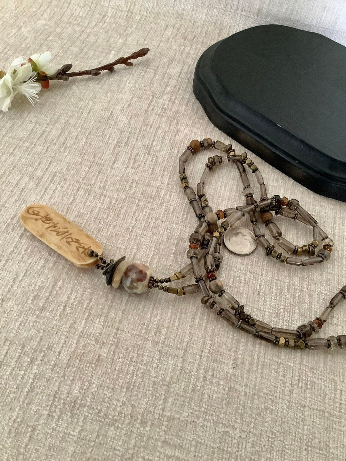 Carved Bone Amulet Pendant and Gemstones Necklace Artisan - Etsy