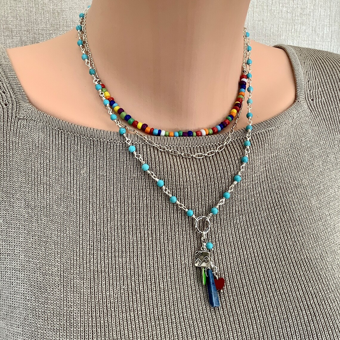 Boho Colorburst Layered Necklace: Sterling Chains, Glass Beads, Rosary ...