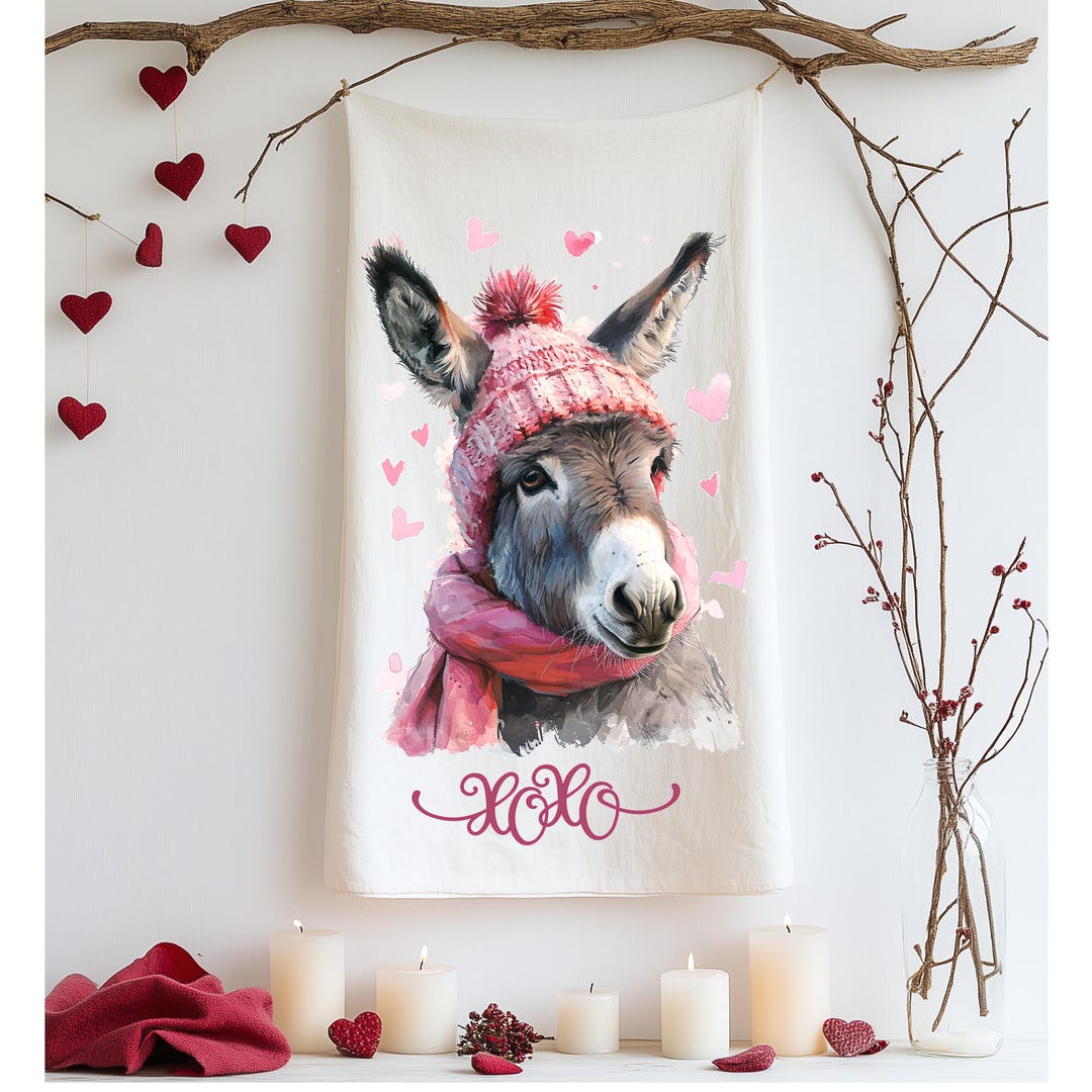 Festive Valentine Donkey Kitchen Towel With Heart Designs - Etsy