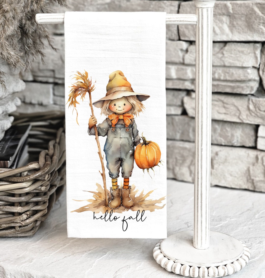 Fall Kitchen Towel, Scarecrow Hello Fall Tea Towel, Cute Fall Scarecrow ...